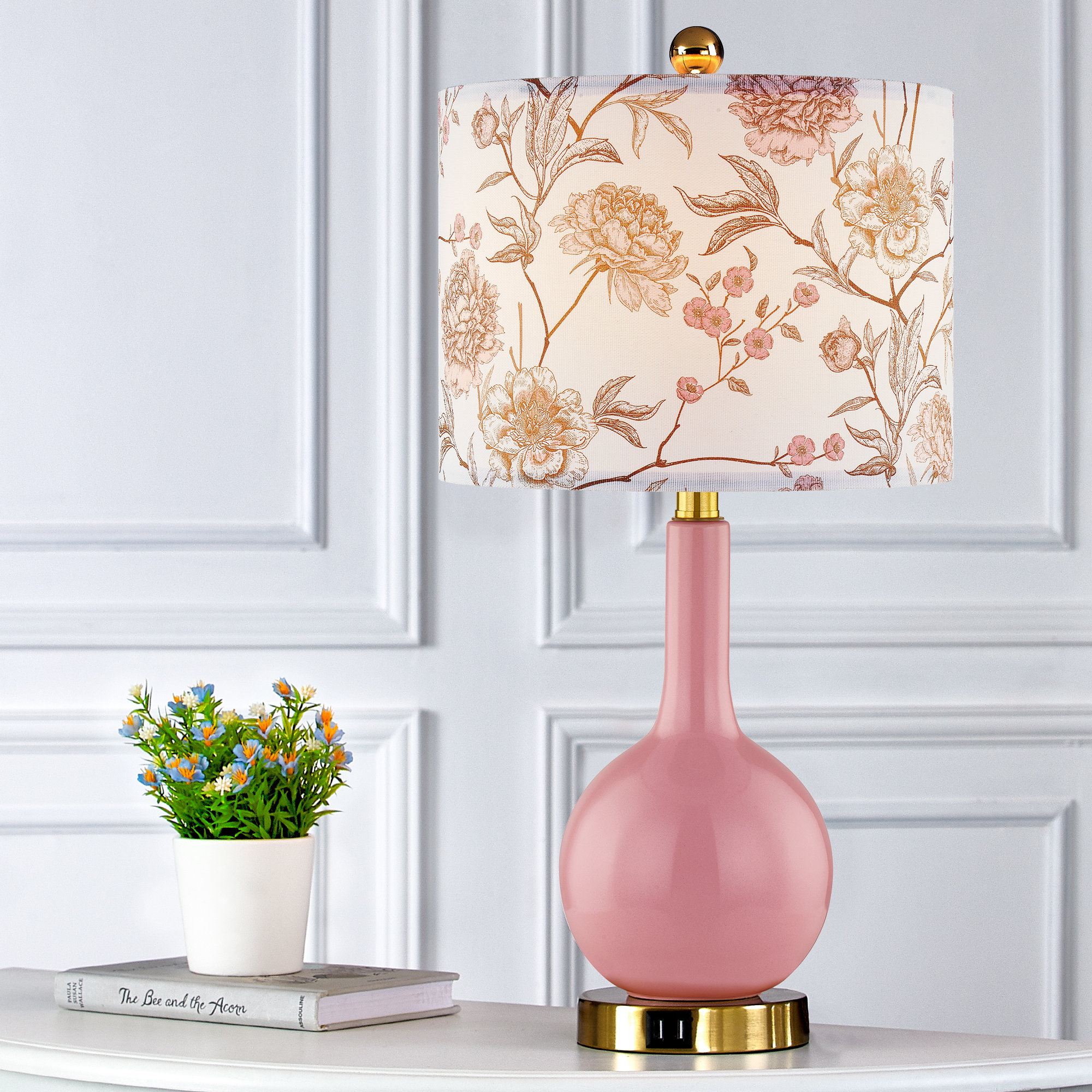 House of Hampton Gawronski 24" Pink Ceramic Table Lamp with Floral Shade and Dual USB Ports ...